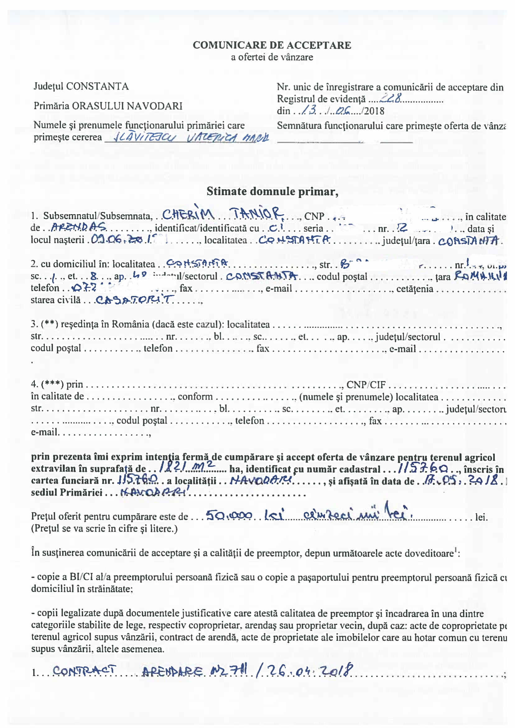 Comunicare de acceptare Cherim | Primăria Năvodari